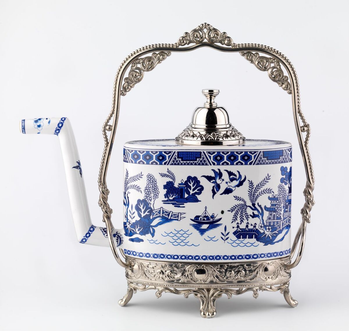 Léopold Foulem, Oval Tea Pot with Blue Willow Motif in Silver Mounts ...