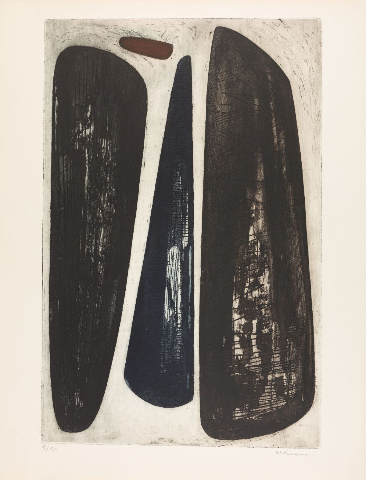 Anna-Eva Bergman, G 11-1953 Trois stèles avec petite forme rouge ...