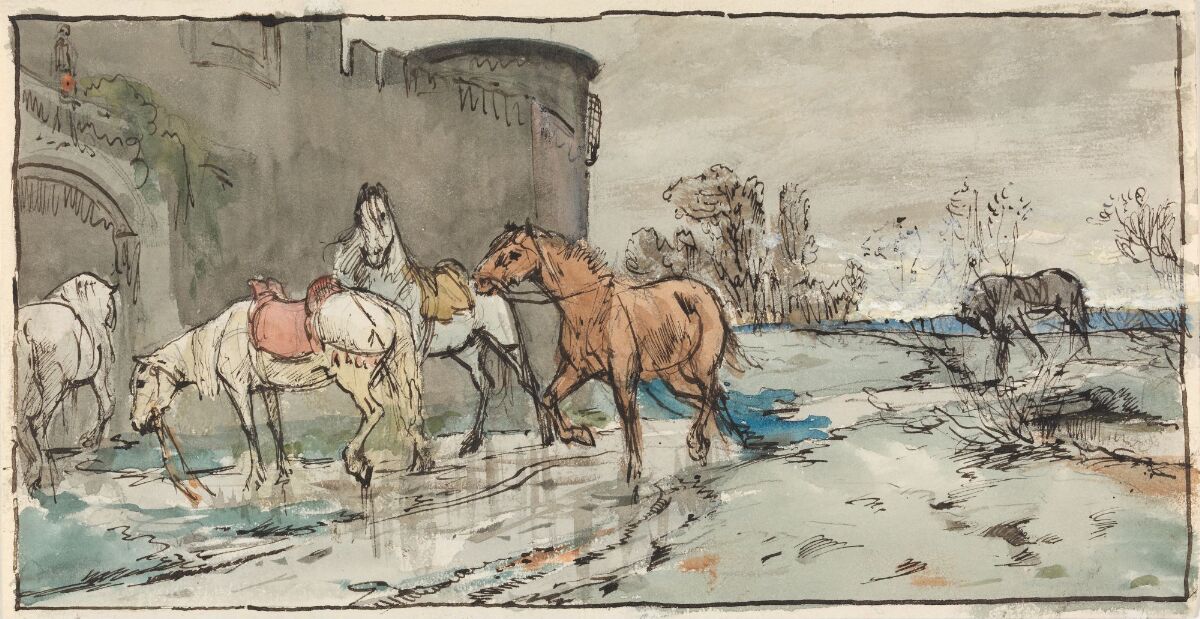 Christian Skredsvig, Ventende oppsadlede hester utenfor en borg ...