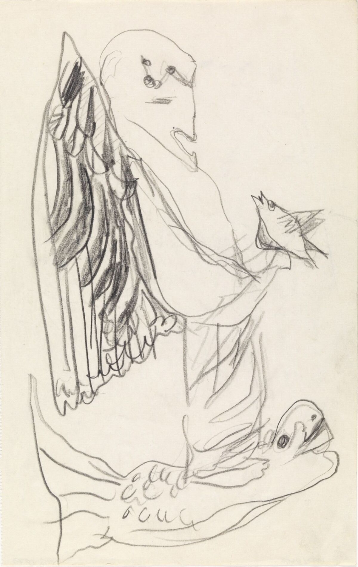 Rolf Nesch, Bevinget figur med fugl, stående på en fisk ...