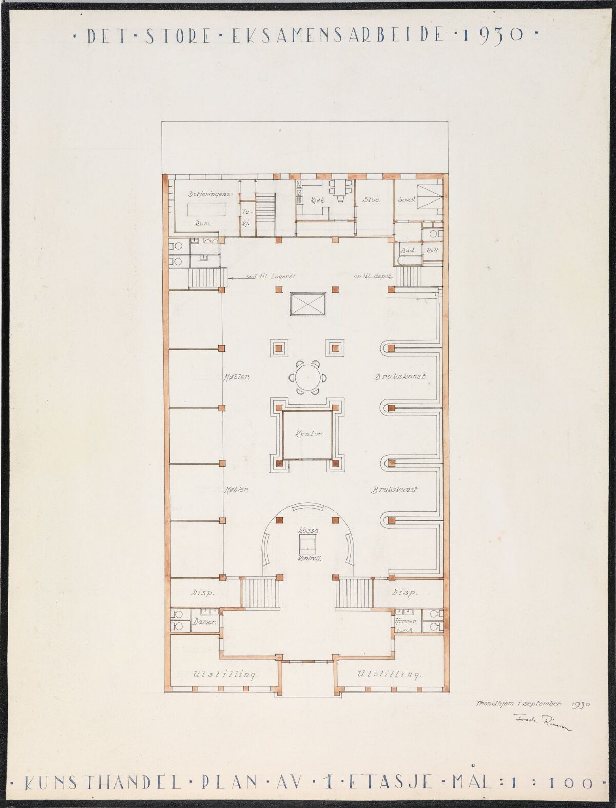 Frode Rinnan, Utkast til en kunst- og antikvitetshandel, plan av første ...