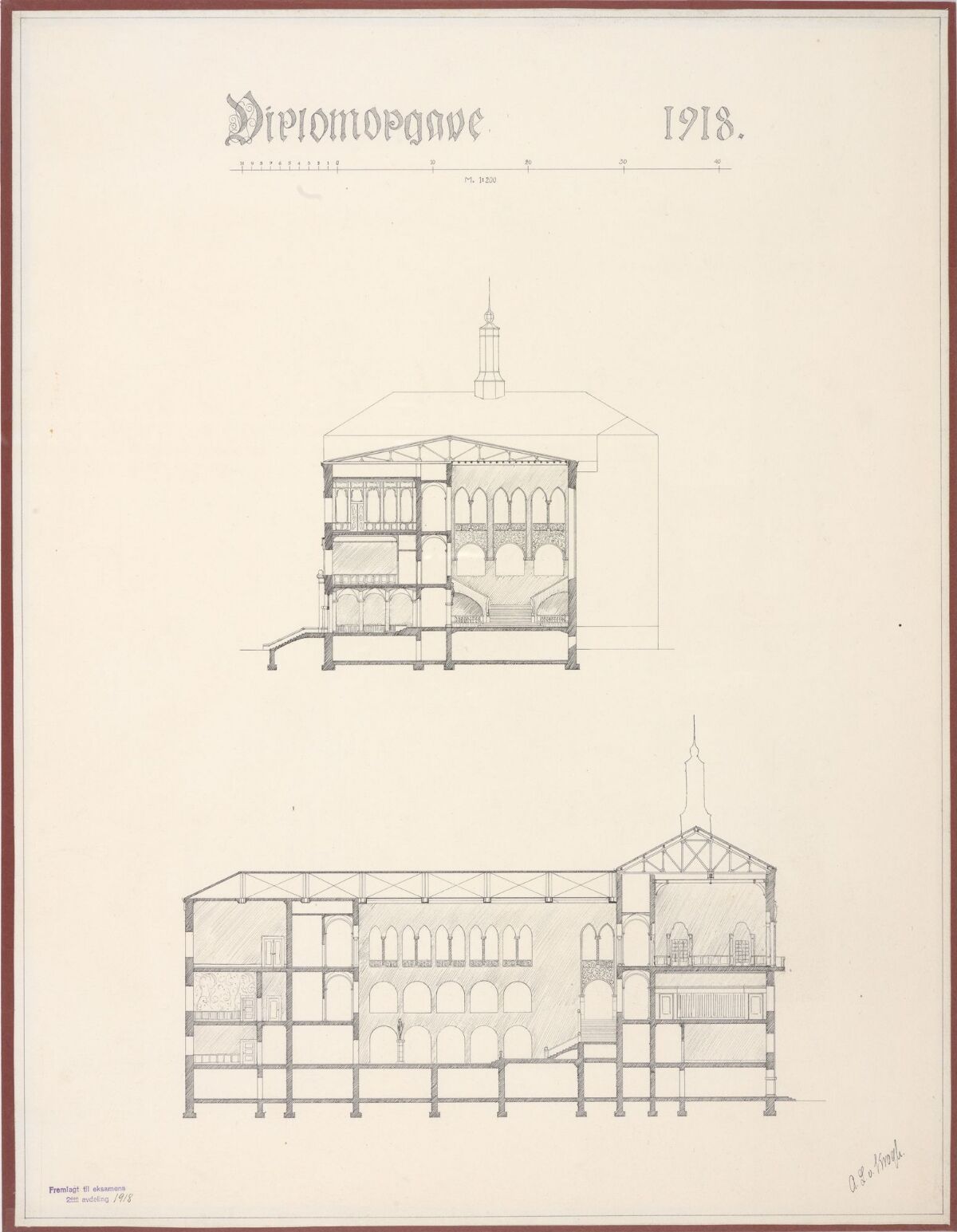Adolf Krogh, Utkast til rådhus for en middels stor kystby, snitt ...