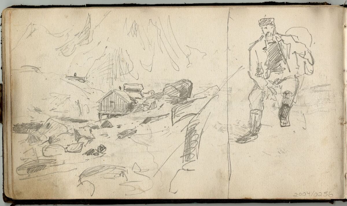 Gunnar Berg, Svolværgeita sett fra Hjekskjæret, Lofoten; figurstudie ...