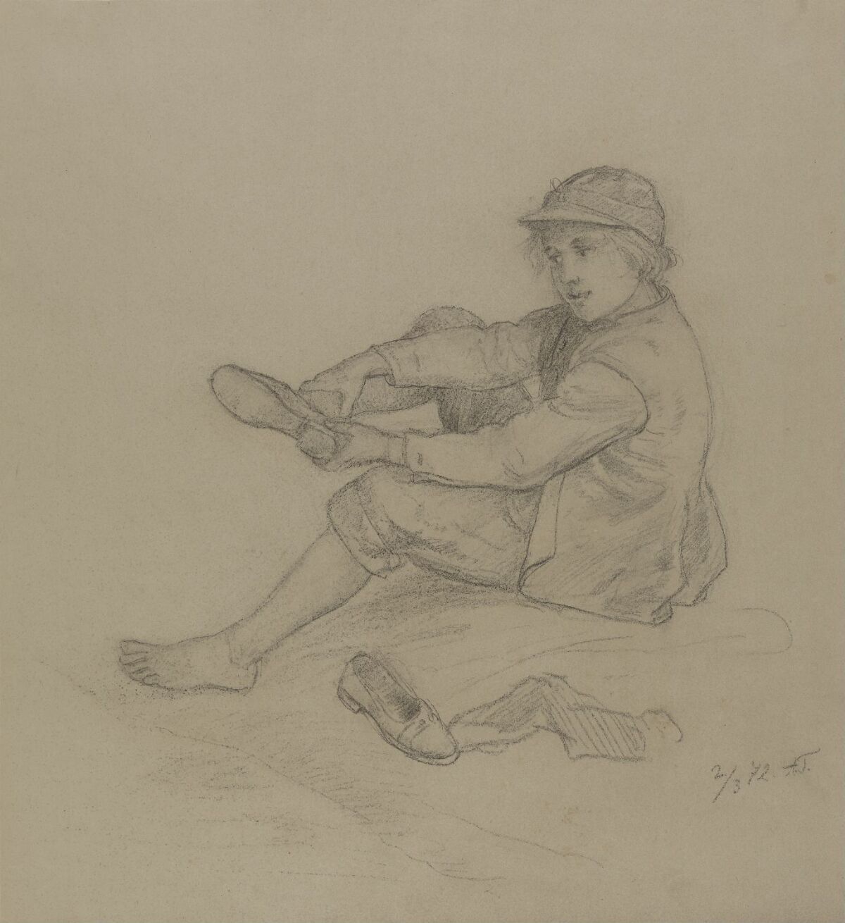 Adolph Tidemand, Sittende gutt som tar av seg skoen – Nasjonalmuseet ...