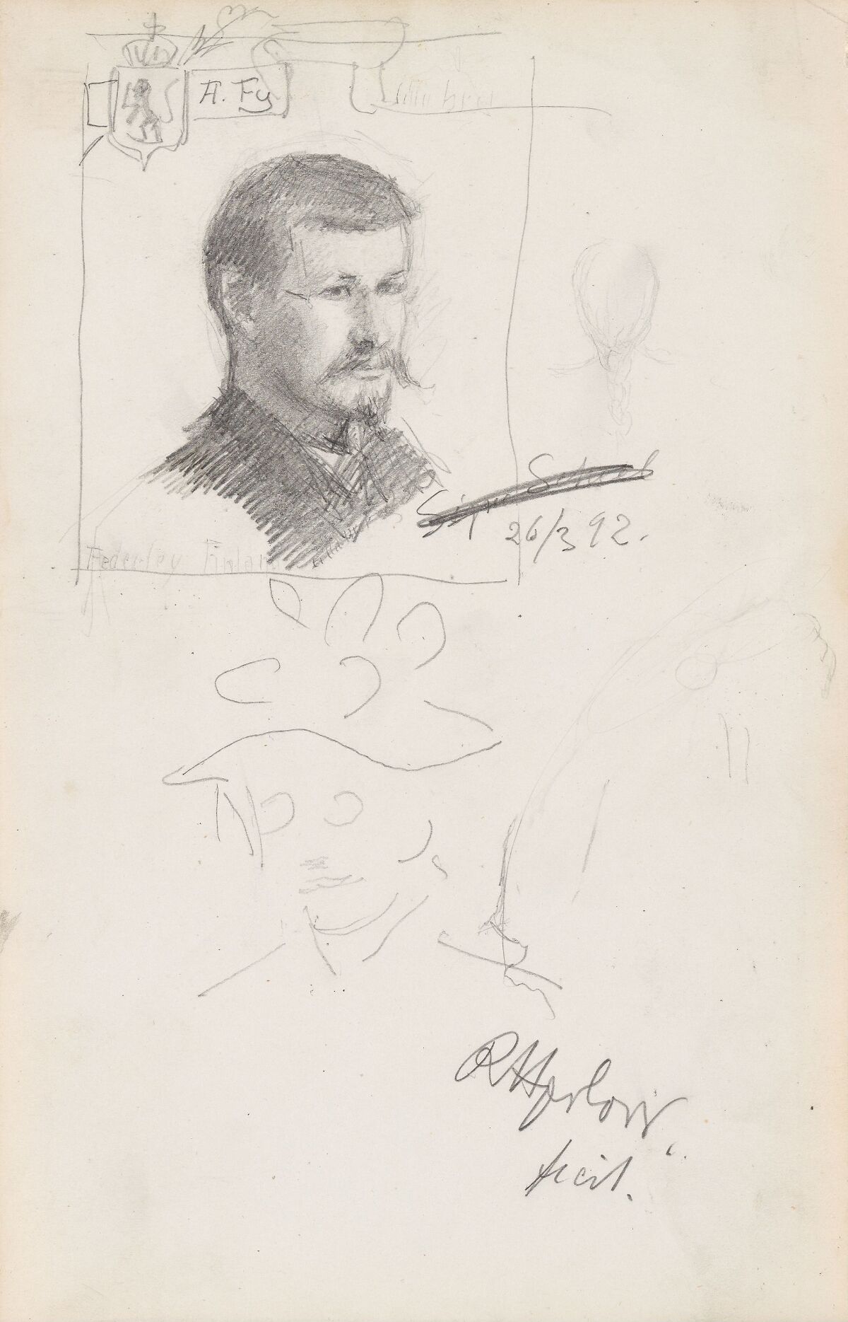 Signe Scheel, Aleksander Federley; riss av hode med flette; riss av ...