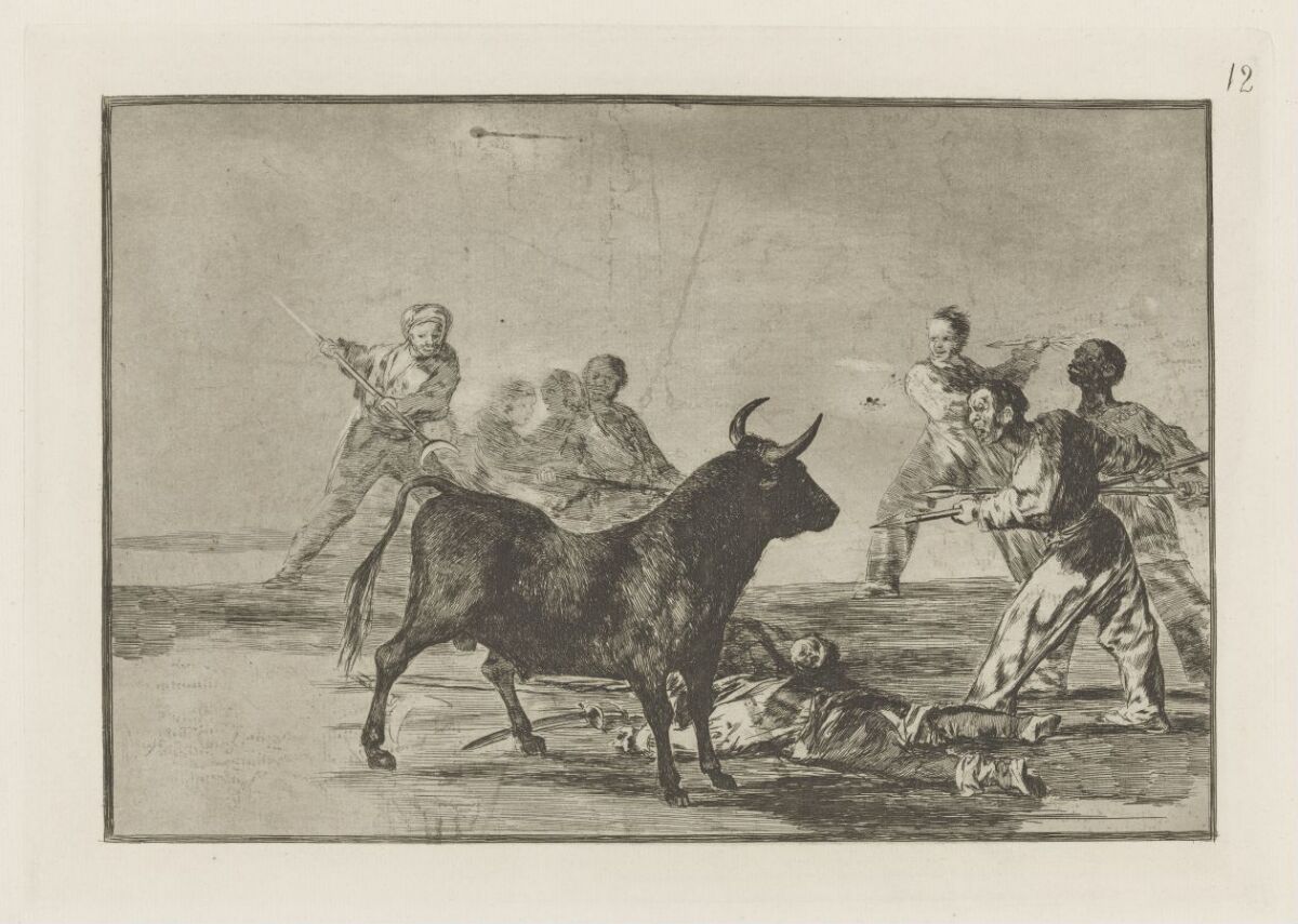 Francisco de Goya, Pøbelen tirrer tyren med lanser, sigder, banderillas ...